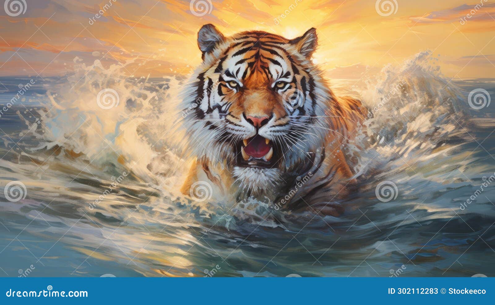 Spirited Tiger Running in Water Painting Stock Illustration ...