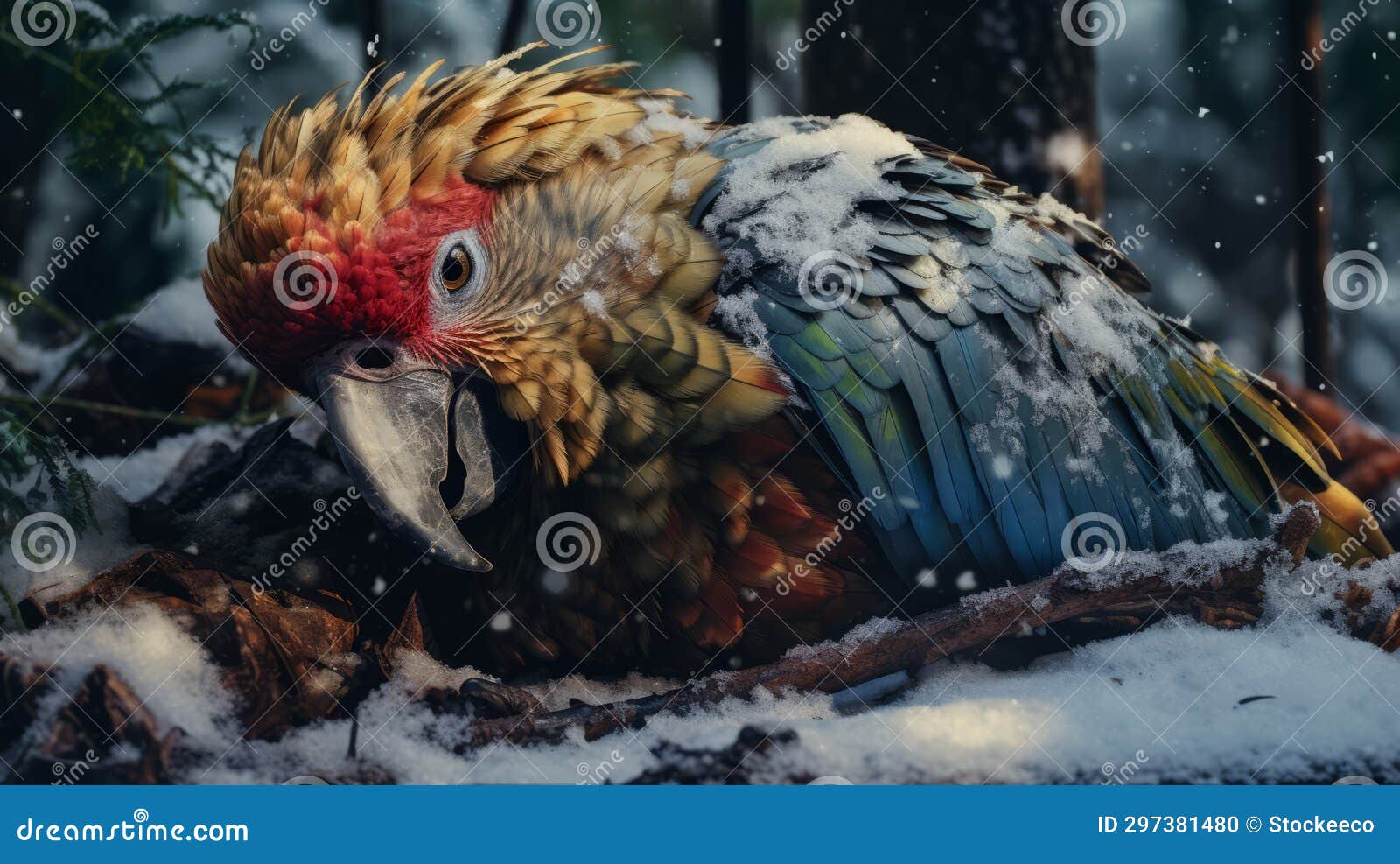 Hyperrealistic Parrot in Snow: Unreal Engine Rendered Composition Stock ...