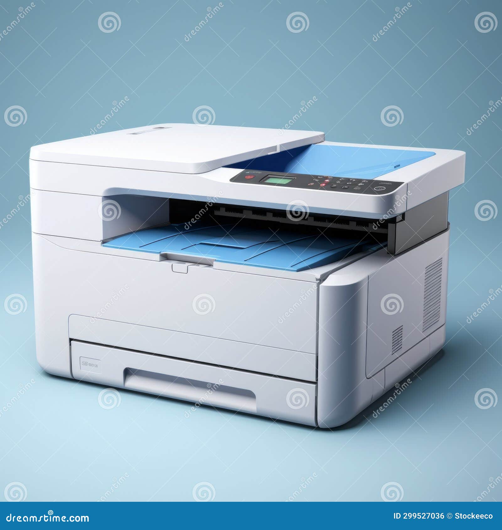 Hyperrealistic Precision: White Printer on Blue Background Stock ...