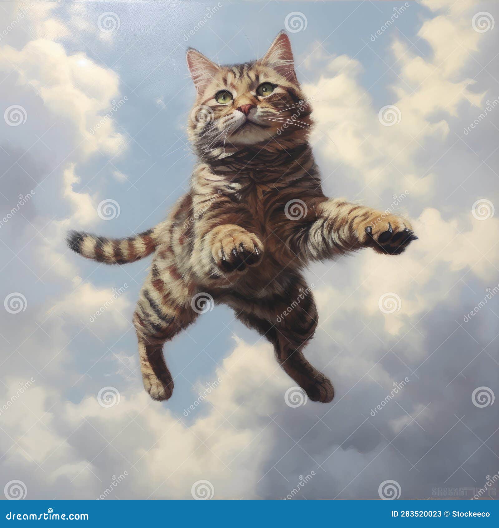 Hyperrealistic Tabby Cat Flying through the Clouds Painting Stock ...