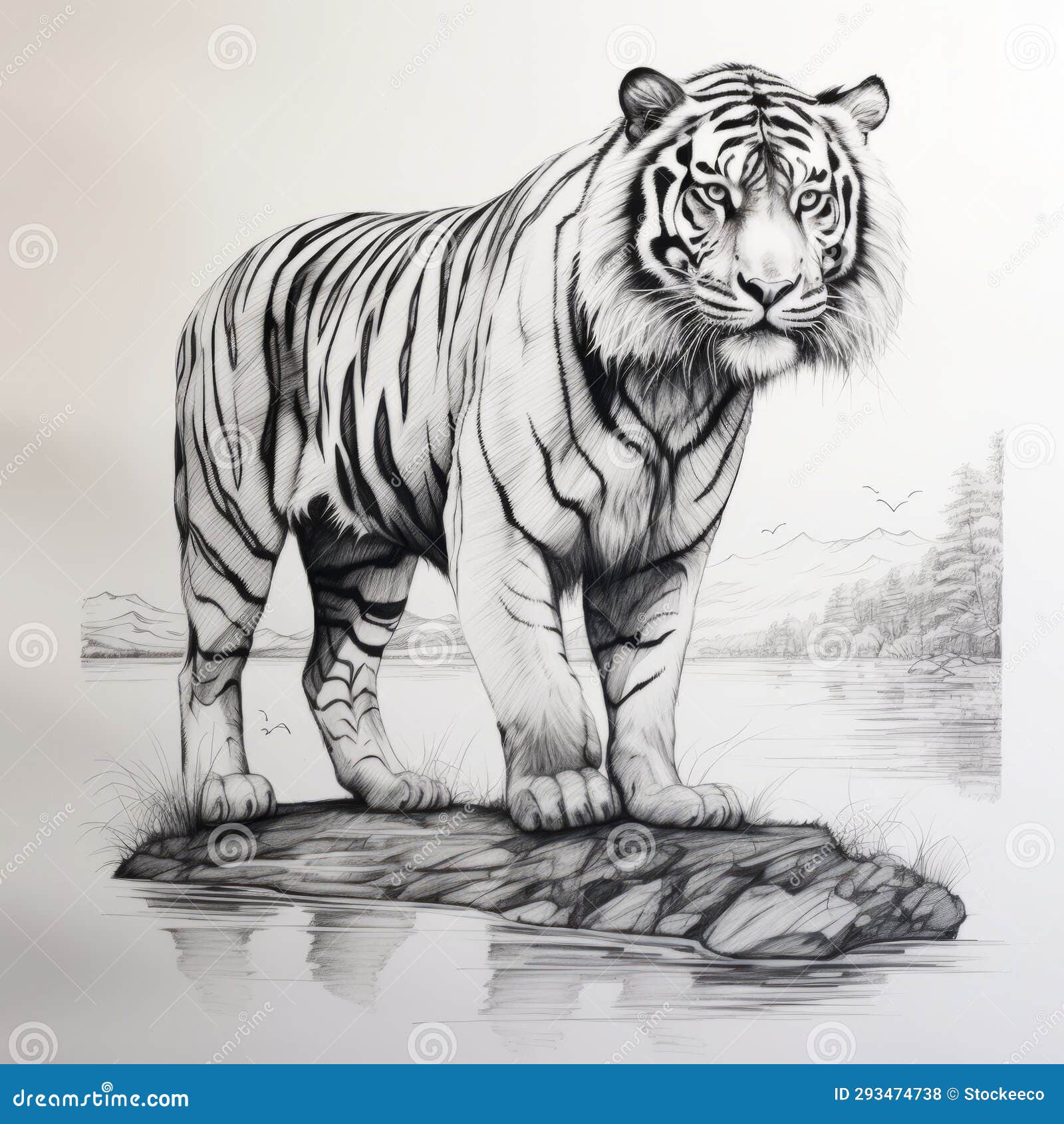 Hyperrealistic Tiger Drawing on Rock: Detailed Linework and Elegant ...