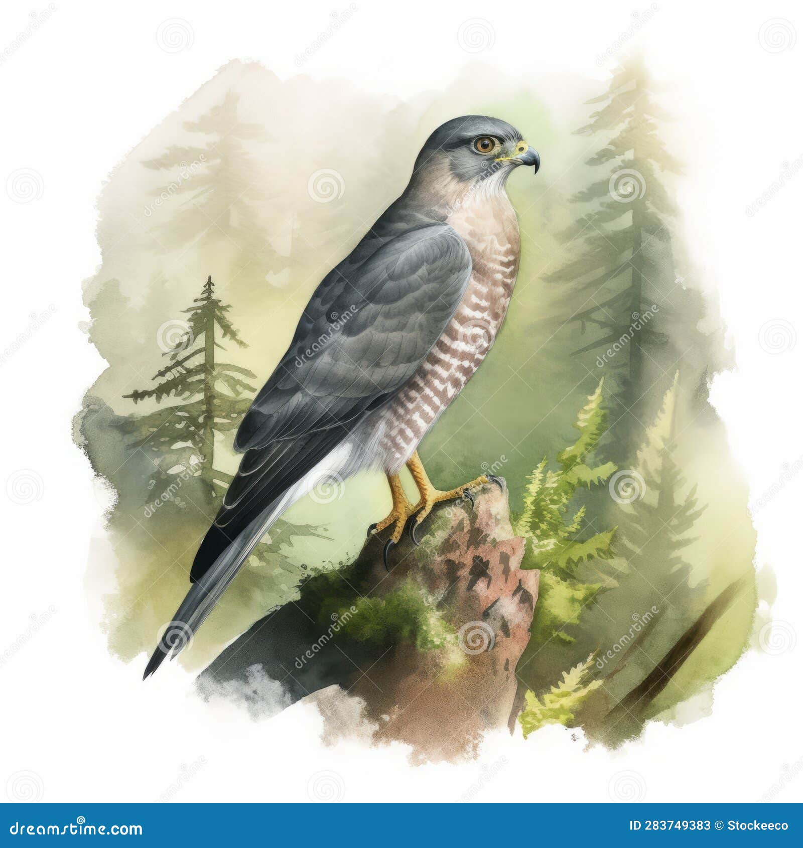 Hyperrealistic Watercolor Illustration of a Grey and Brown Hawk Perched ...