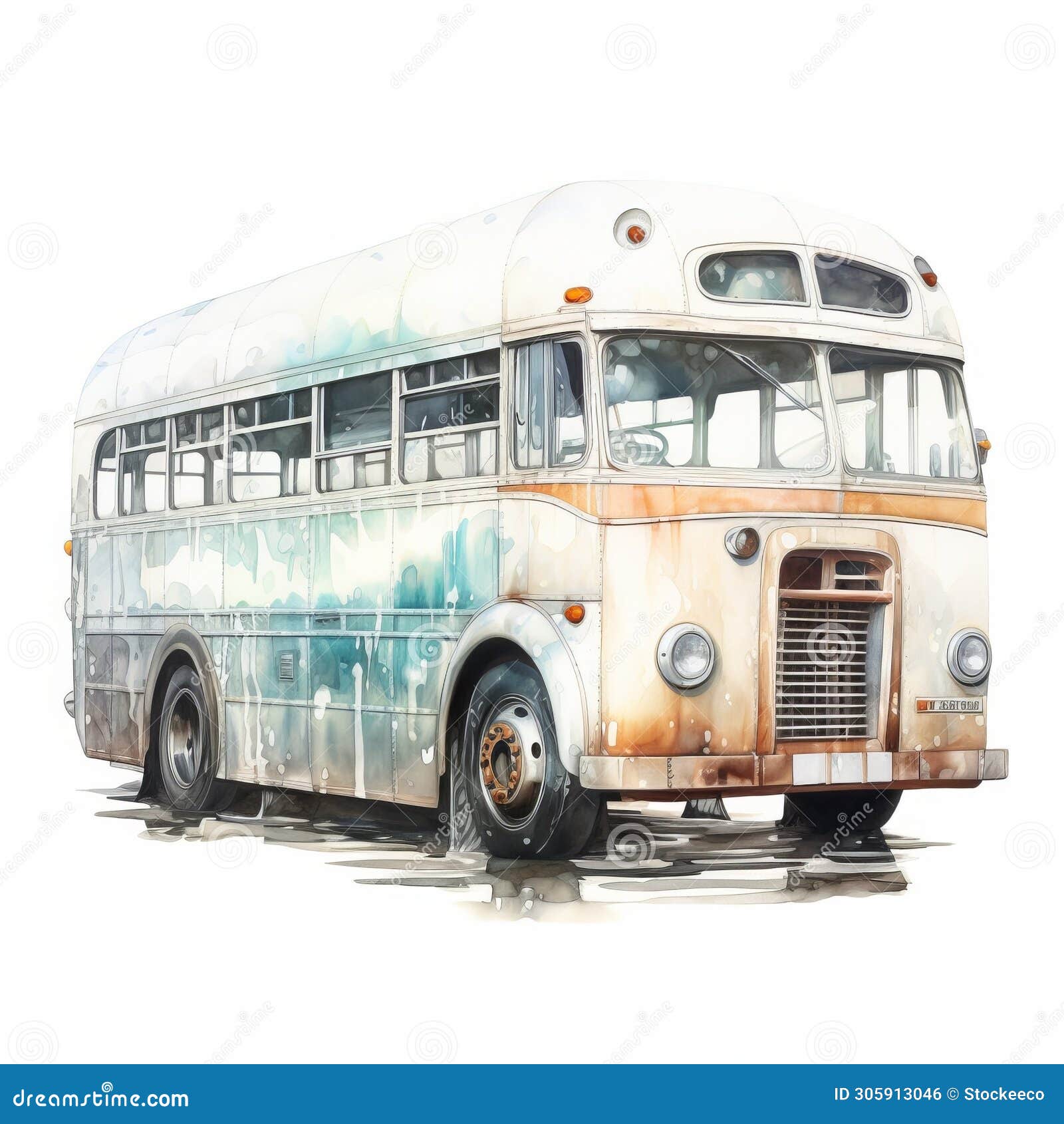 Hyperrealistic Watercolour Illustration of an Old Bus with Shiny Bumpy ...