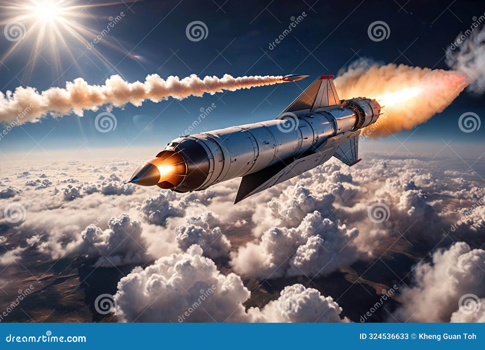 Hypersonic Missiles. a Combat Rocket is Flying Above the Clouds Stock ...