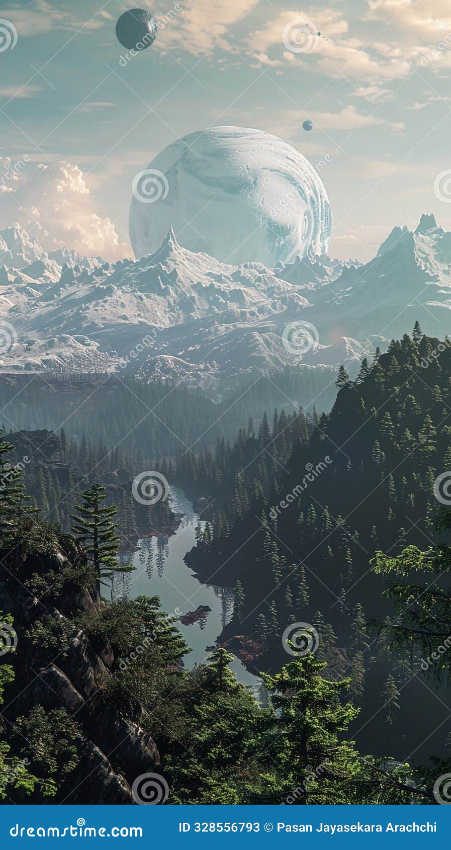 Hypothetical Planet Showing Lush Forests And Snow-Capped Mountains ...