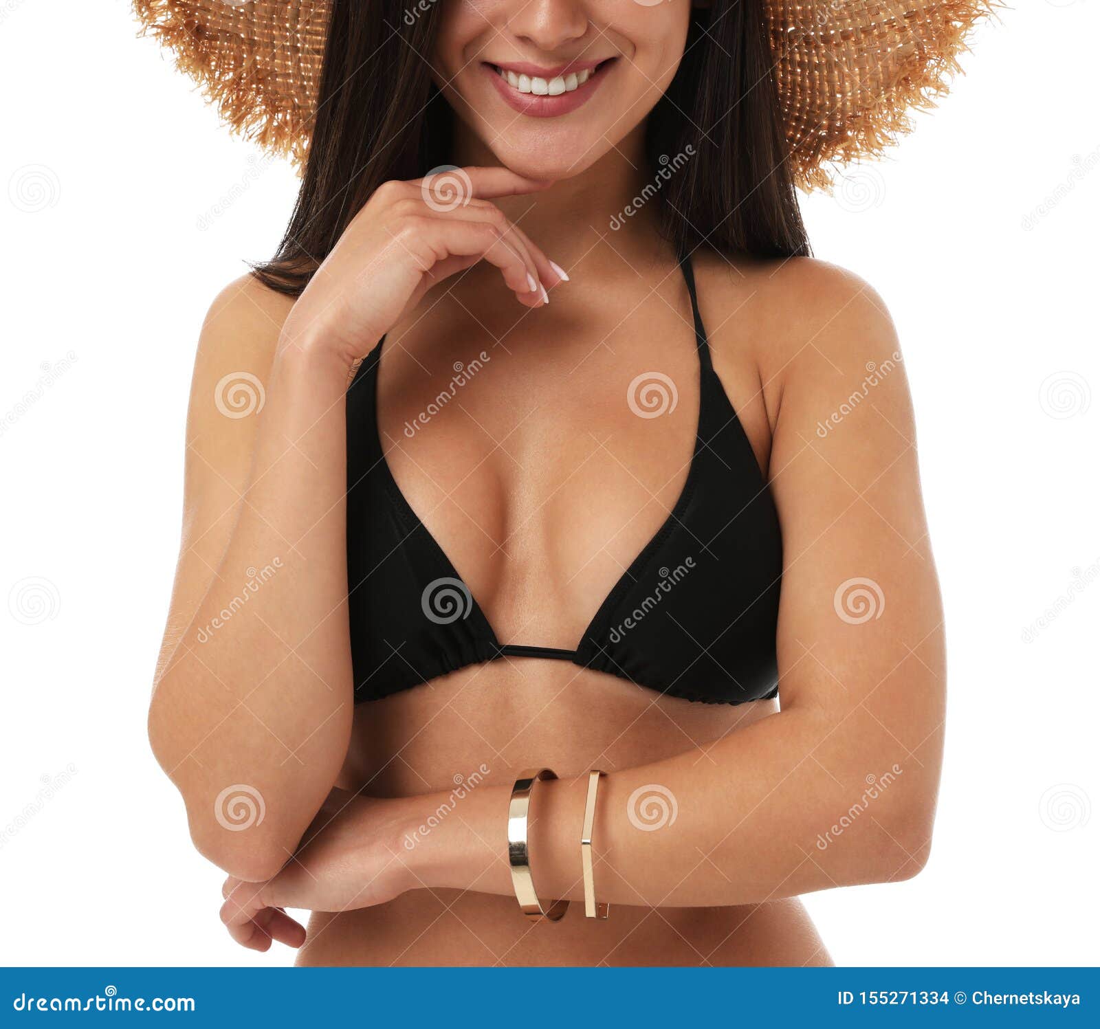 Hübsche Sexy Frau Mit Dünnem Körper Im Schwarzen Bikini Auf Weißem