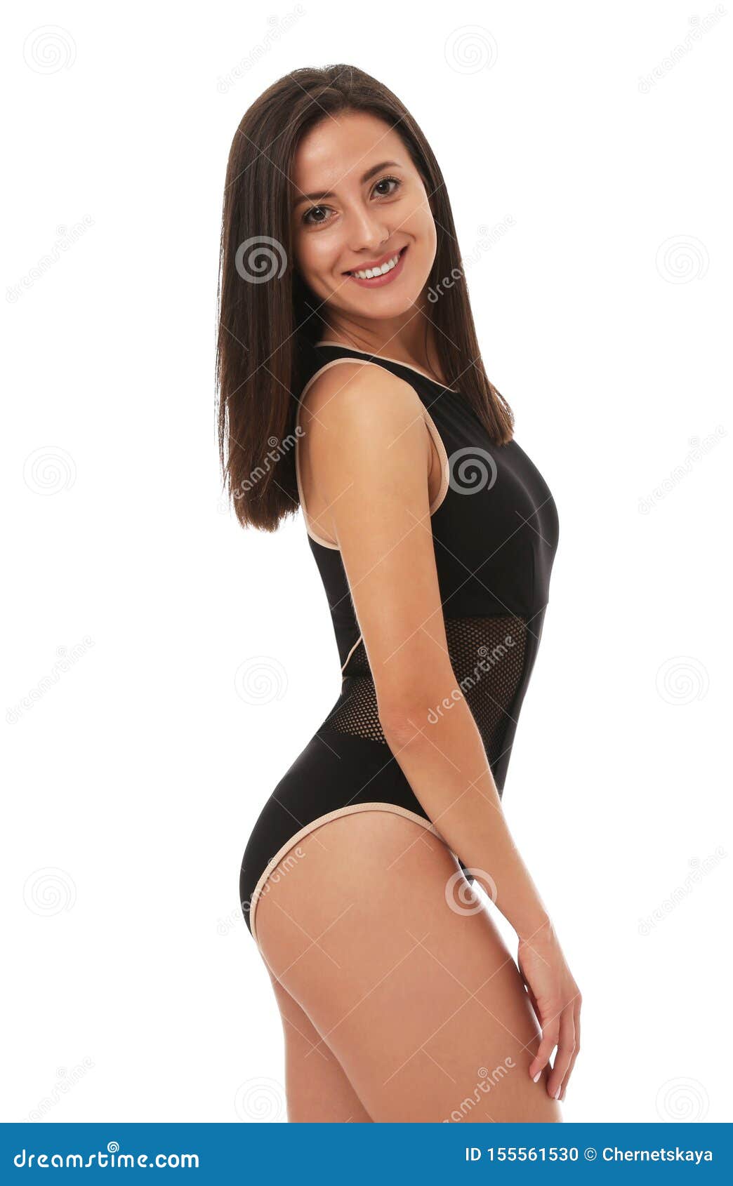 Hübsche Sexy Frau Mit Dünnem Körper Im Schwarzen Bikini Auf Weißem