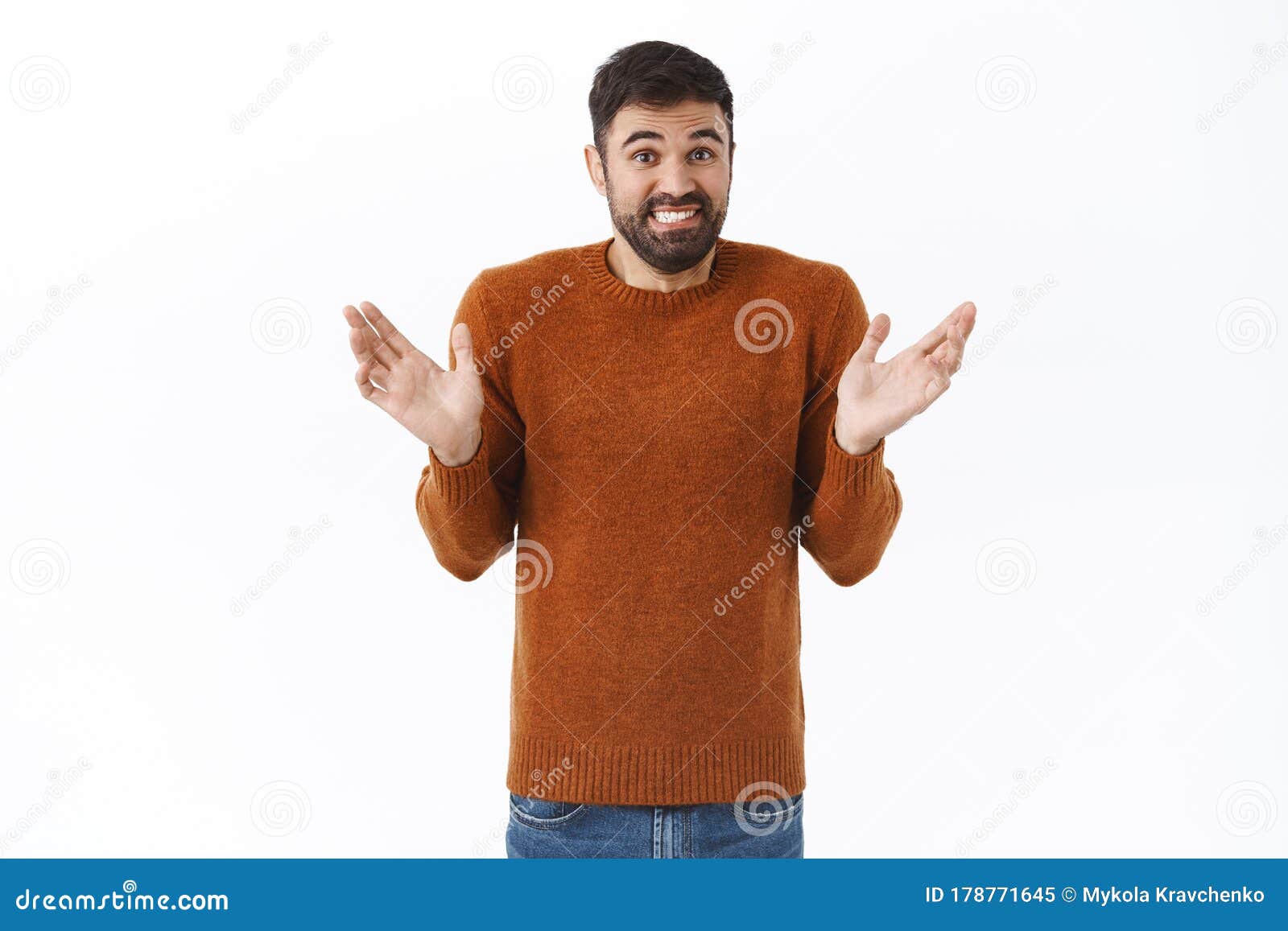 Portrait Of Awkward And Uncomfortable Caucasian Bearded Man, Smirk And ...