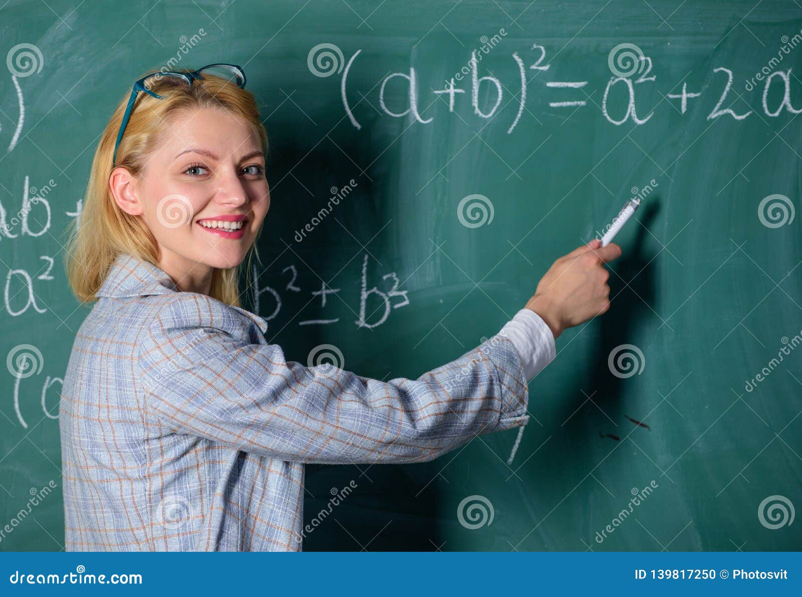 I Am Happy Teacher On School Lesson At Blackboard Woman In Classroom