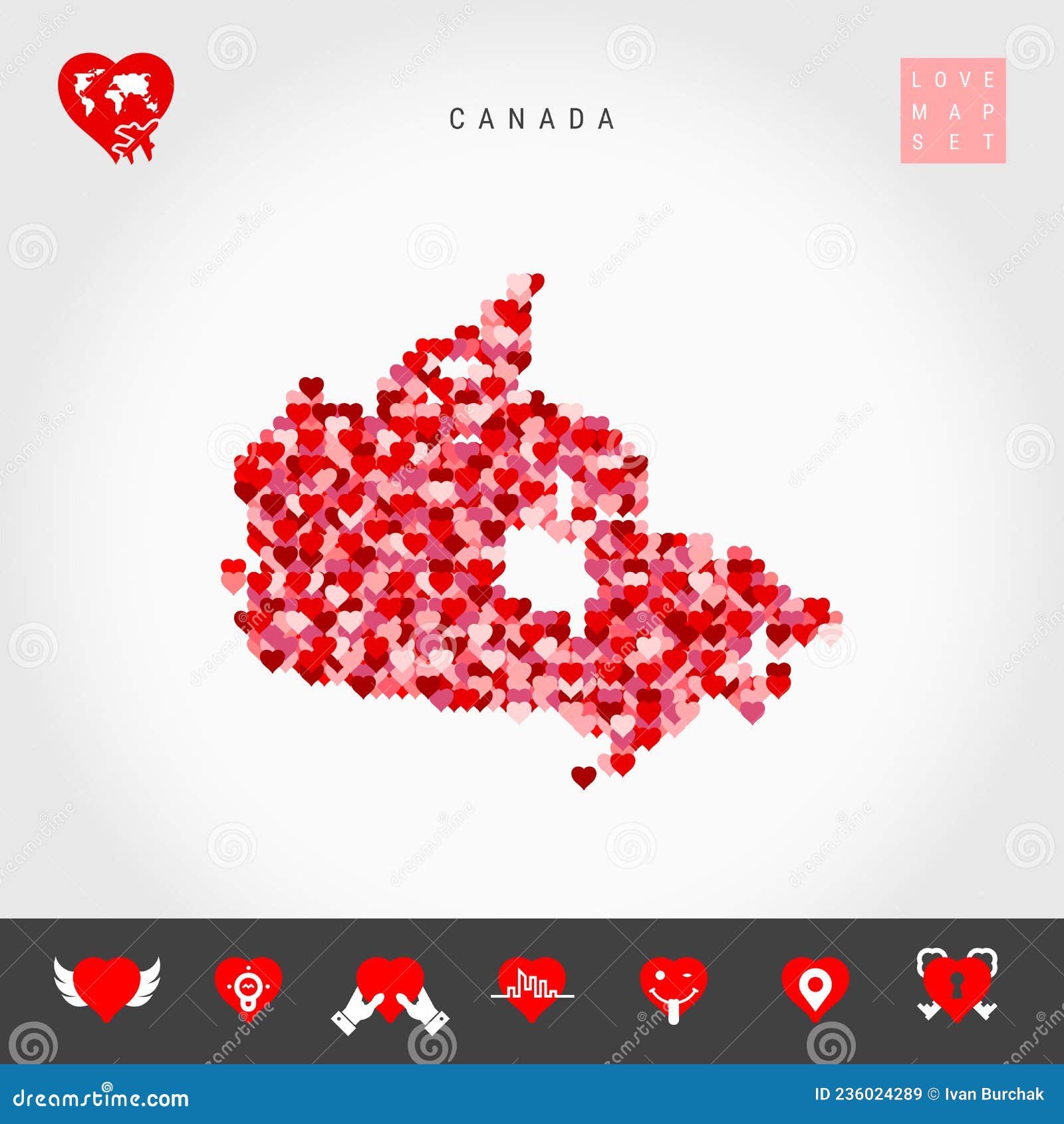 I Love Canada. Red Hearts Pattern Vector Map of Canada. Love Icon Set ...