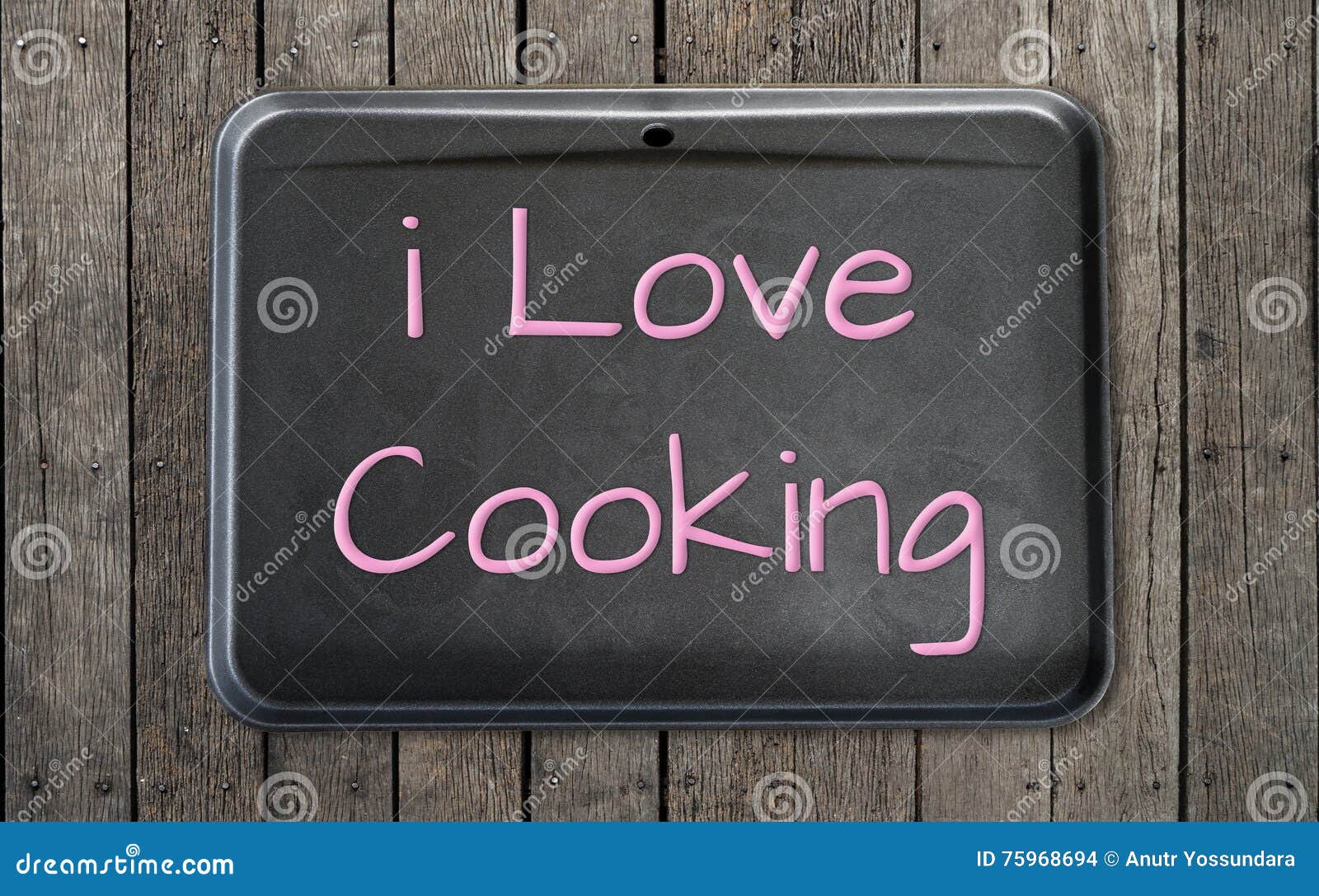 I Love Cooking on Black Pan on Wooden Stock Photo - Image of background ...