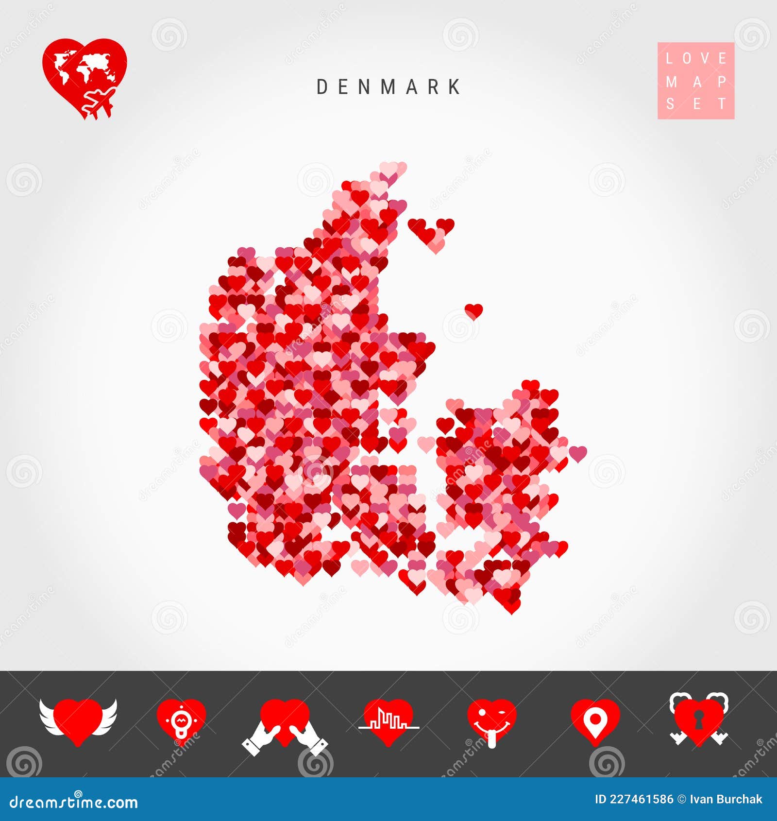 I Love Denmark. Red Hearts Pattern Vector Map of Denmark. Love Icon Set ...
