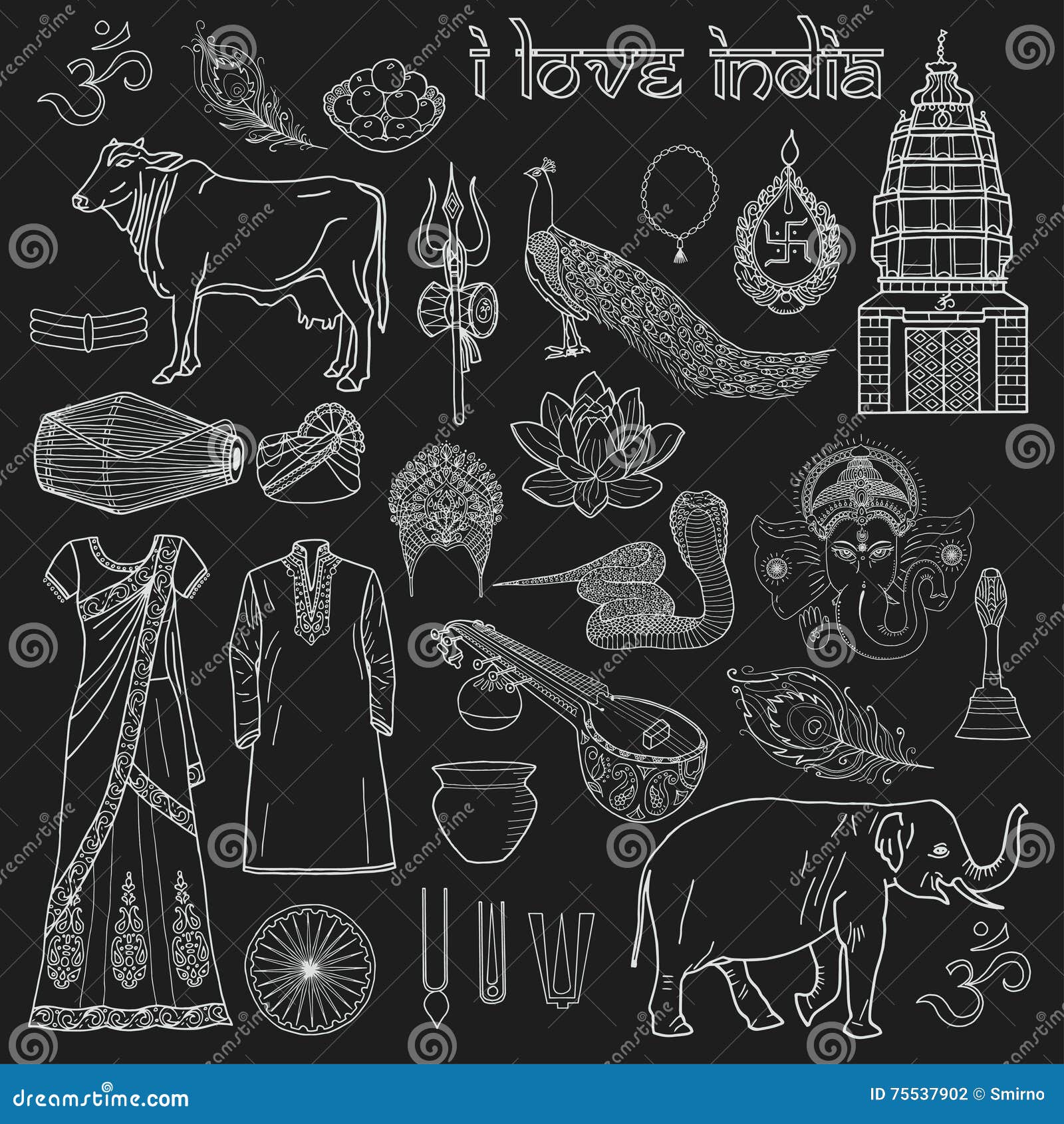I Love India. Set of Indian Objects and Symbol Om on a Blackboard Stock ...
