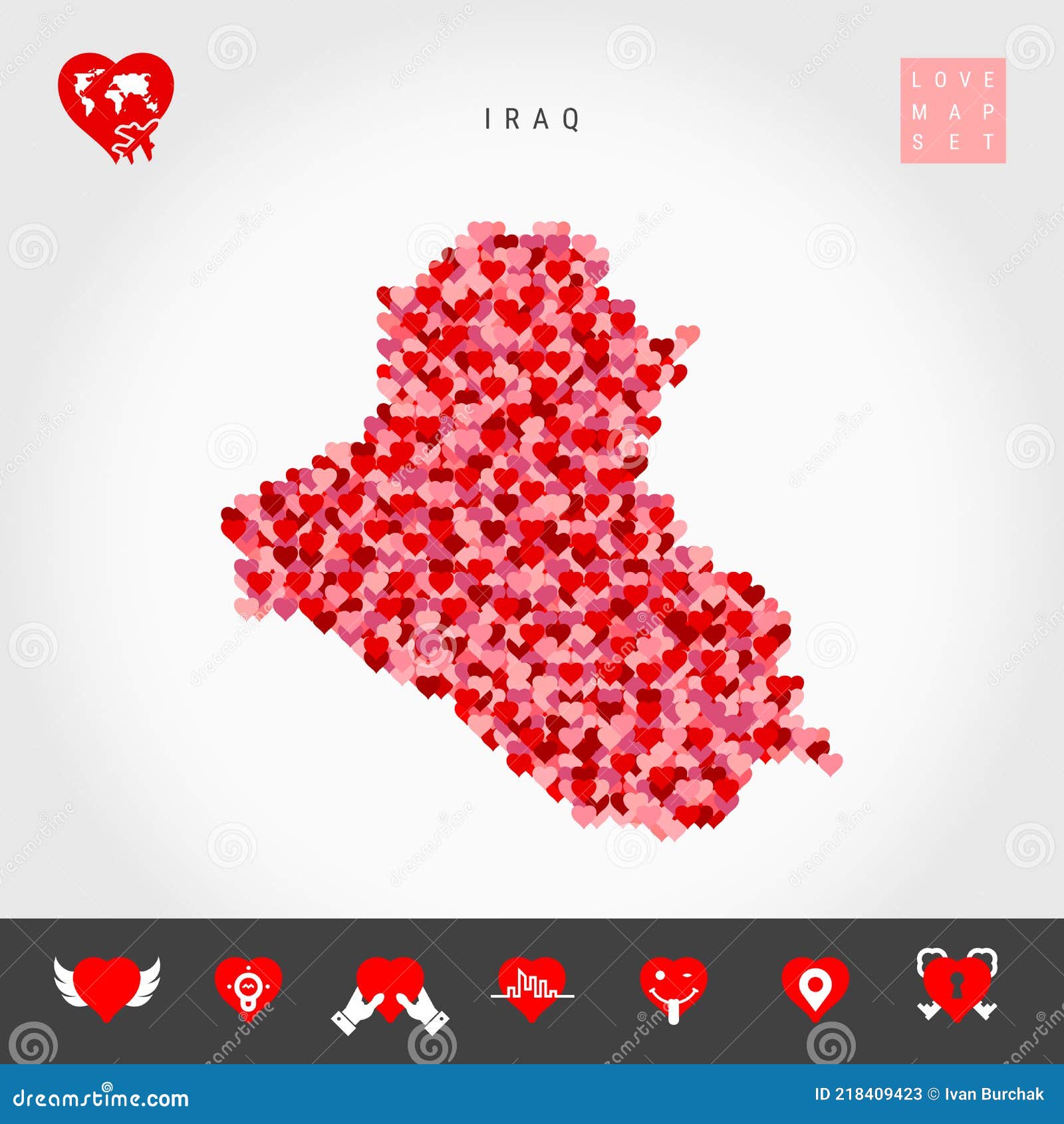I Love Iraq. Red Hearts Pattern Vector Map of Iraq. Love Icon Set Stock ...