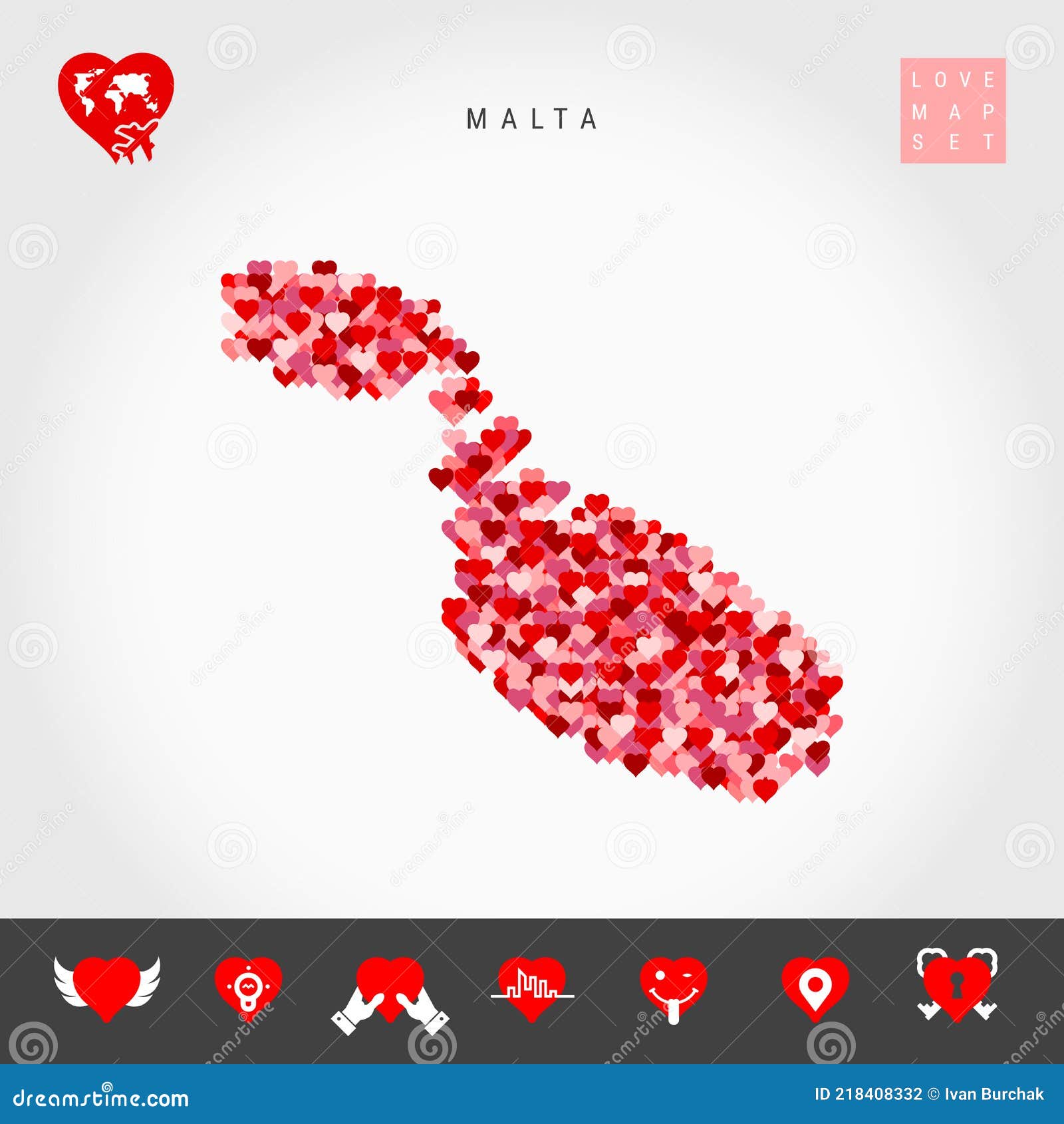 I Love Malta. Red Hearts Pattern Vector Map of Malta. Love Icon Set ...