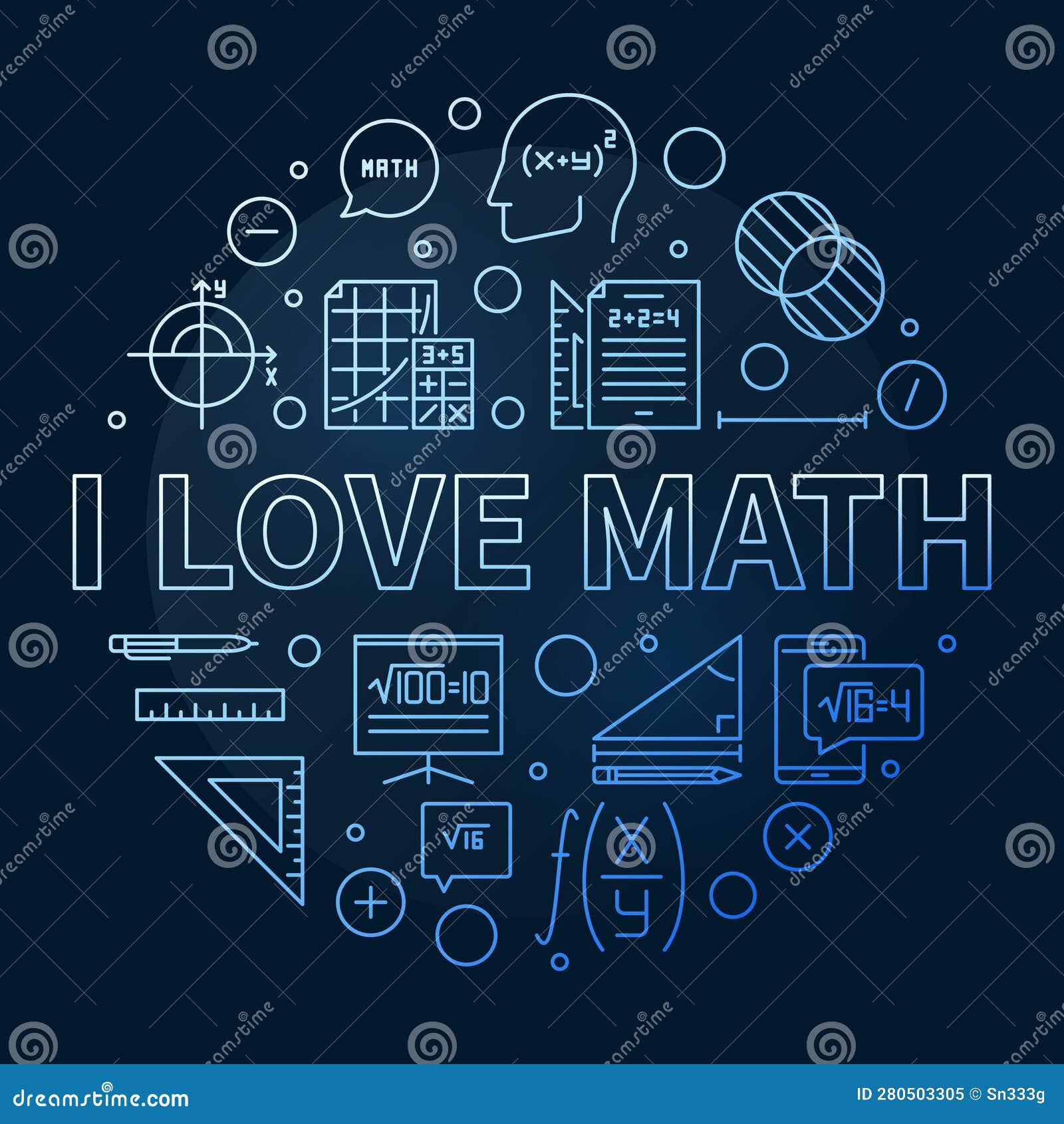 I Love Math Concept Vector Line Round Blue Banner. Math Learning ...