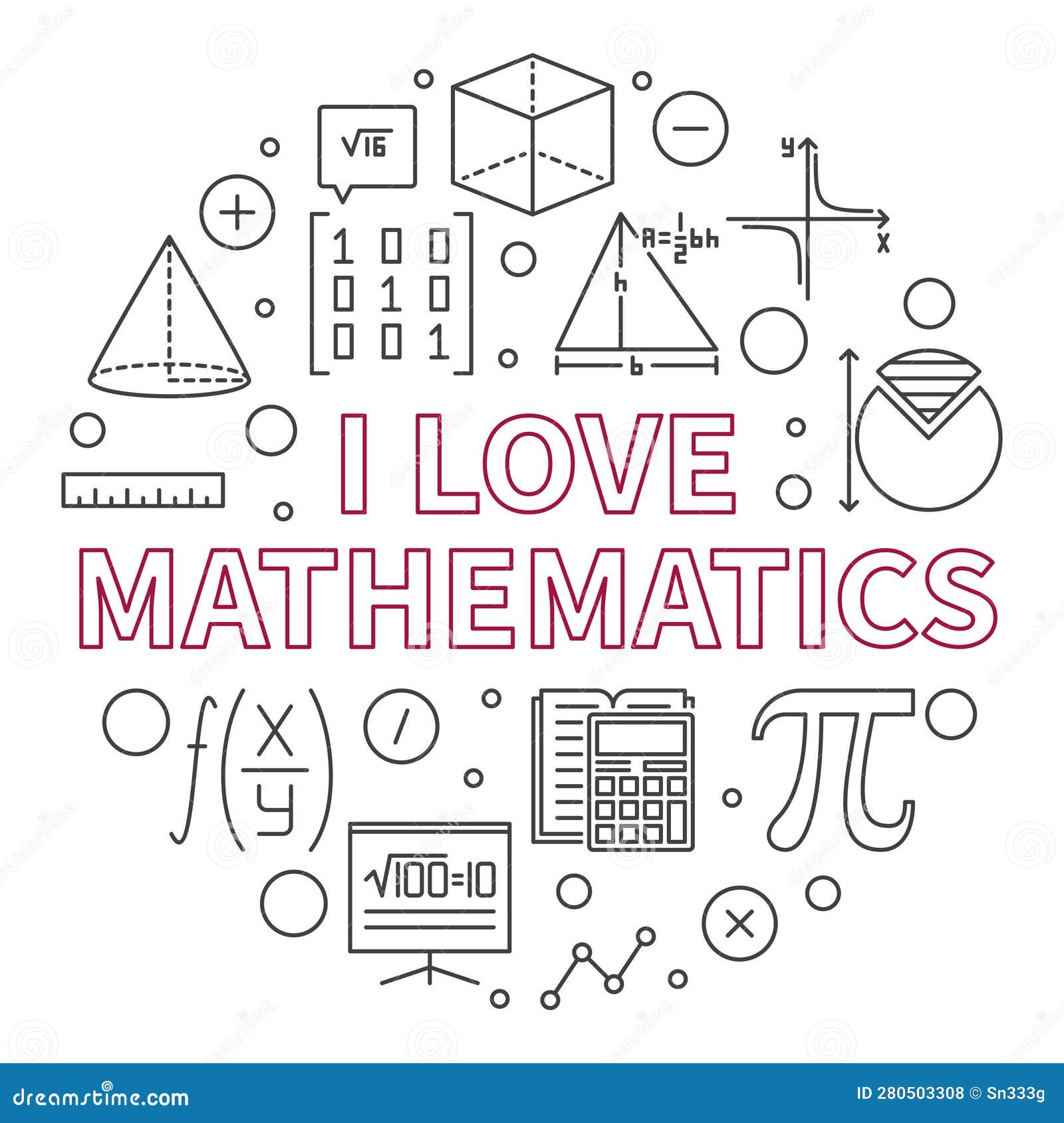 I Love Mathematics Concept Vector Line Round Banner. Math Learning ...