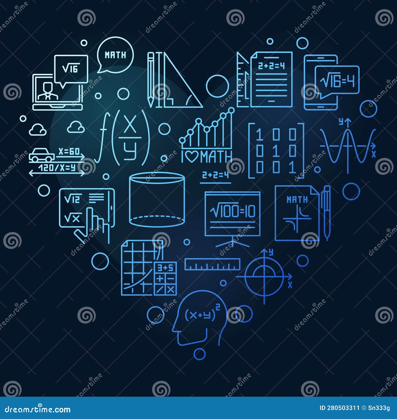 I Love Mathematics Vector Thin Line Heart-shaped Blue Banner. Math ...