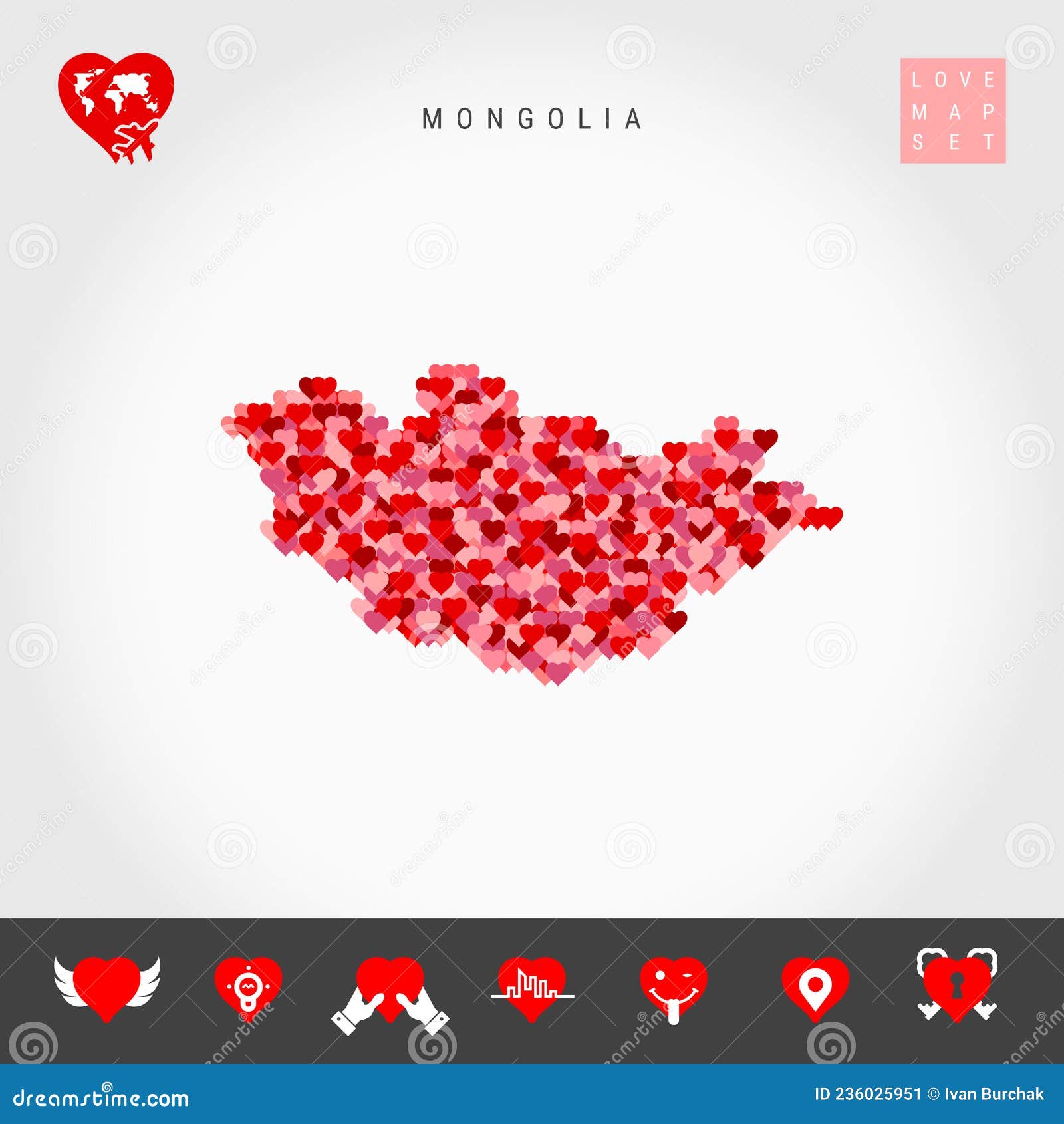 I Love Mongolia. Red Hearts Pattern Vector Map of Mongolia. Love Icon ...