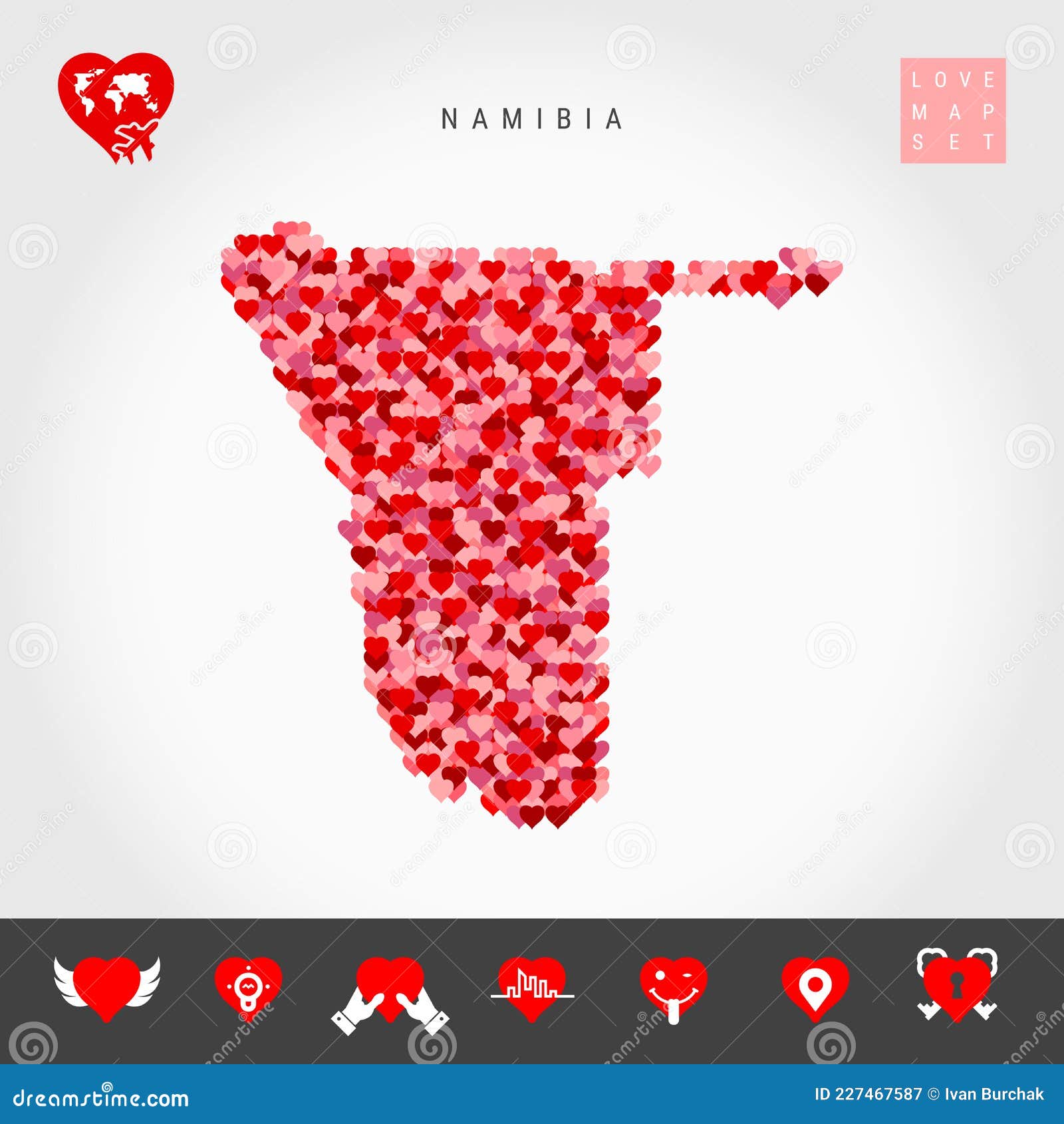 I Love Namibia. Red Hearts Pattern Vector Map of Namibia. Love Icon Set ...
