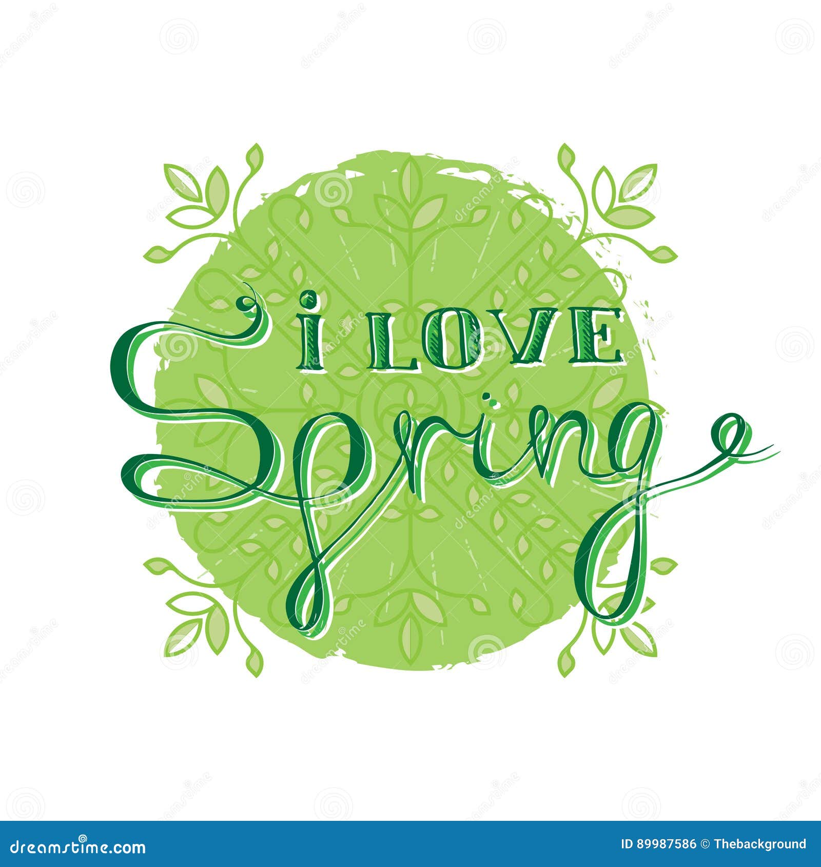 I Love Spring - Green Card Design with Floral Line Elements. Vector ...