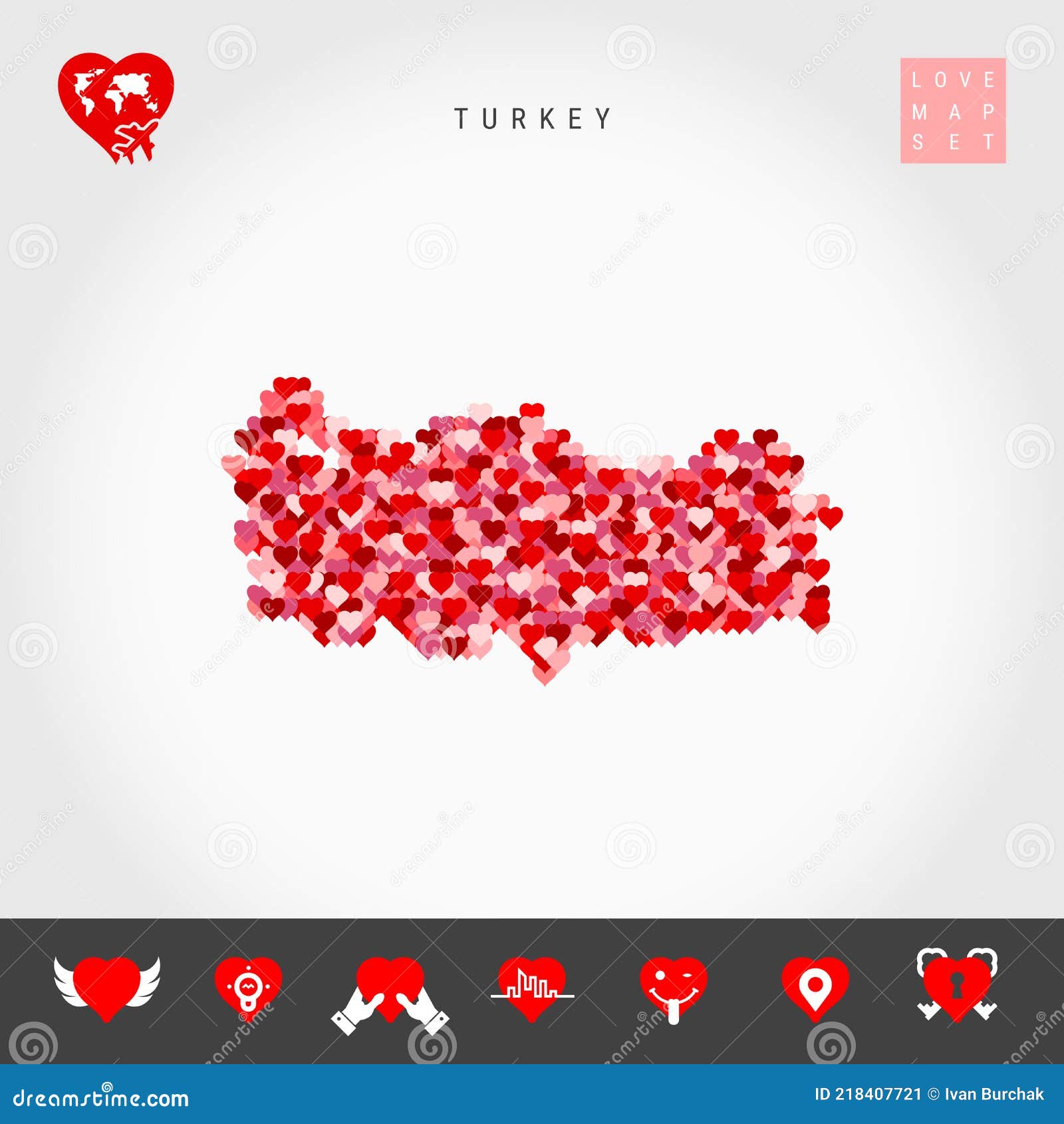 I Love Turkey. Red Hearts Pattern Vector Map of Turkey. Love Icon Set ...