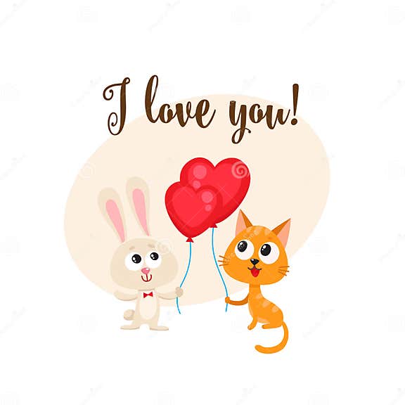 I Love You Card With Bunny Cat Heart Shaped Balloon Stock Vector Illustration Of T