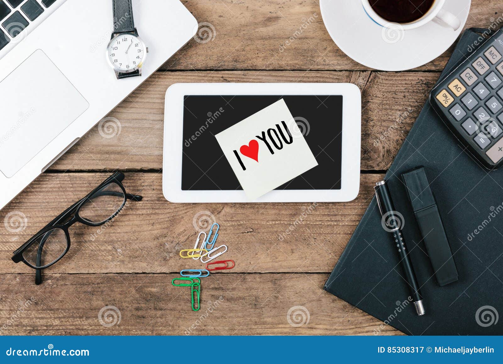 I Love You Text on Tablet Computer, Office Desk with Computer Te Stock ...