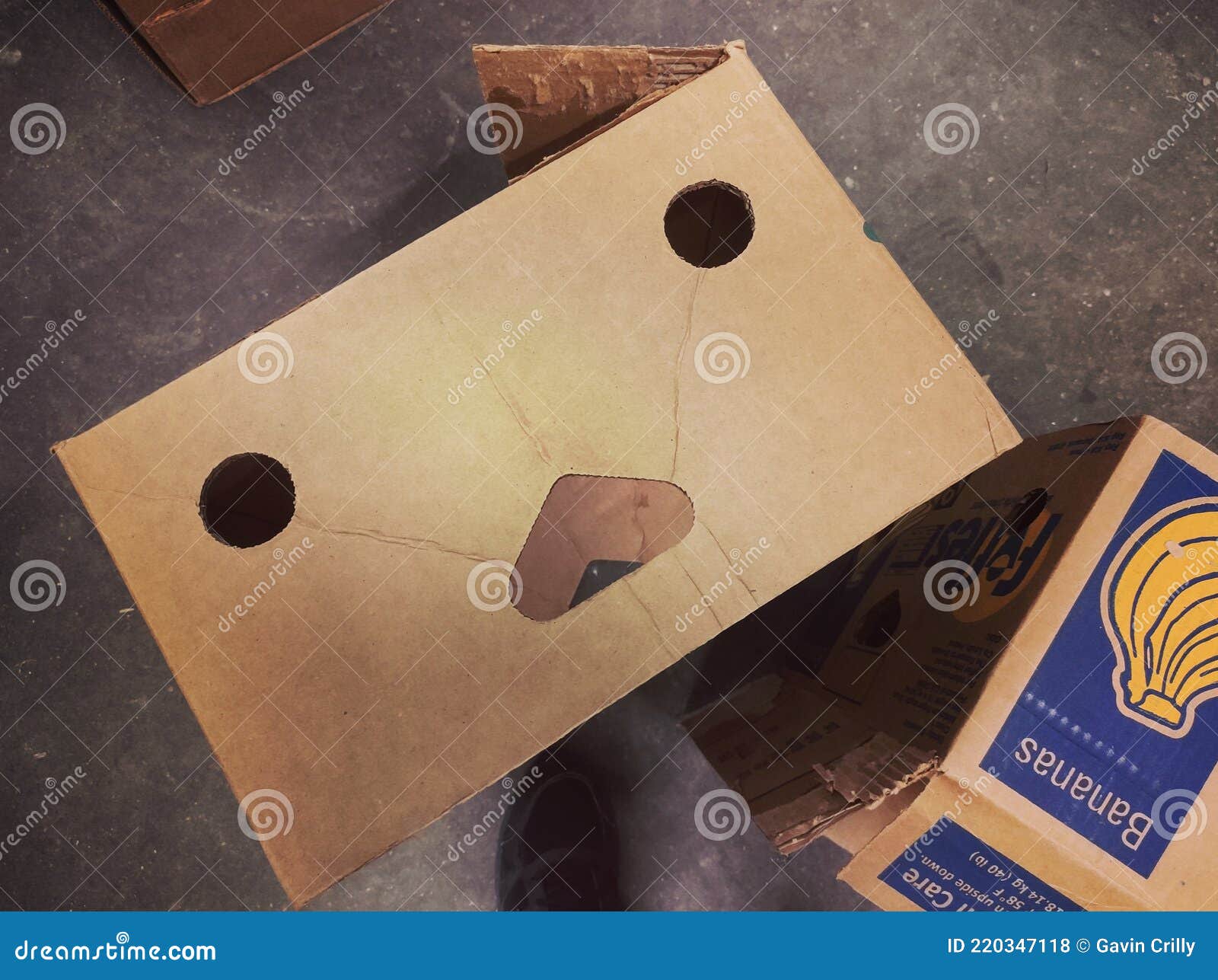 I See Faces. Cardboard Box in a Warehouse. the Holes in the Box Give ...