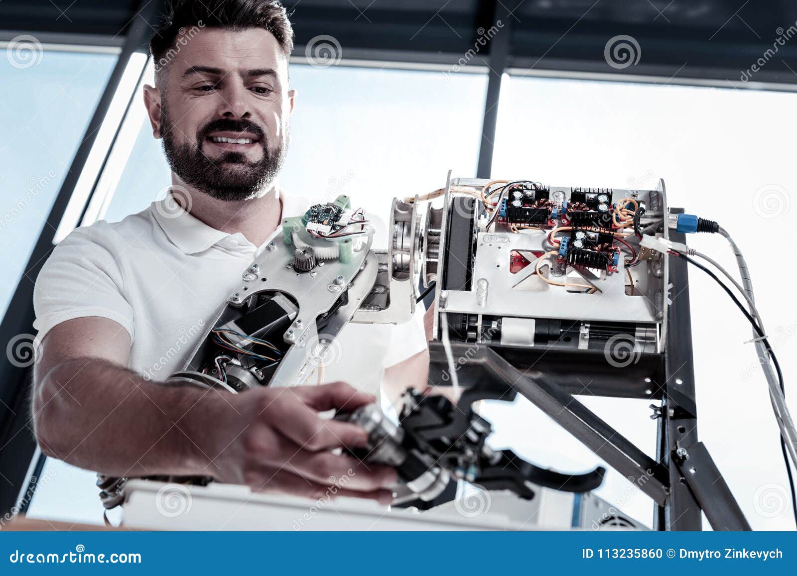 Satisfied Bearded Gentleman Constructing Robot in Workshop Stock Photo ...