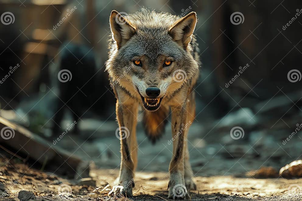 Iberian Wolf Snarling and Showing Teeth in the Forest Stock Photo ...