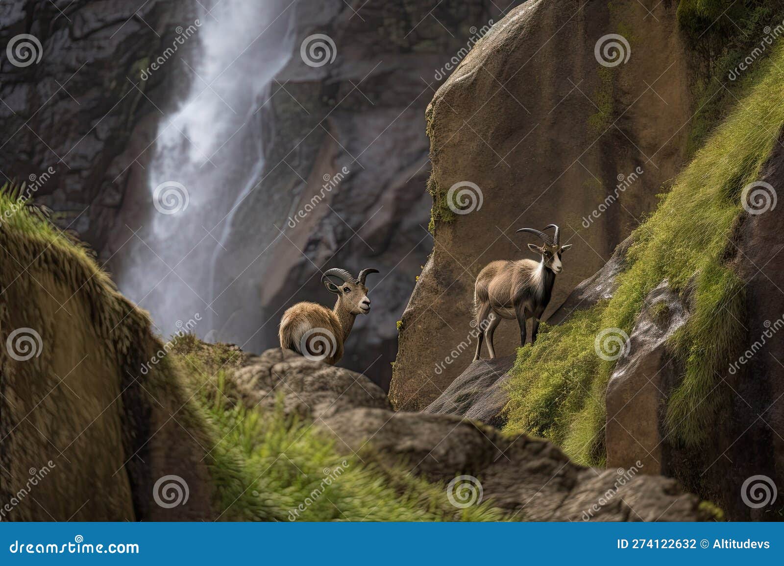 Ibex Looking Down at a Waterfall from Its Vantage Point on the Cliff ...