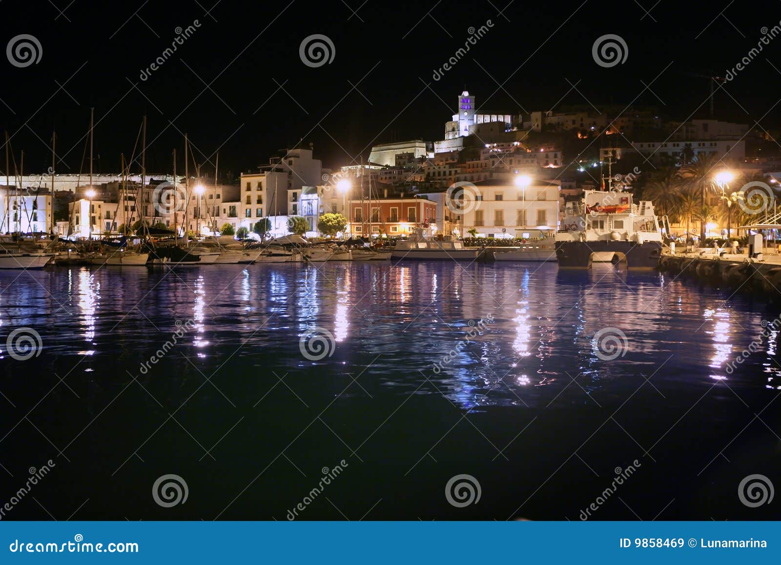 Ibiza Island Harbor and City Under Night Light Stock Image - Image of ...