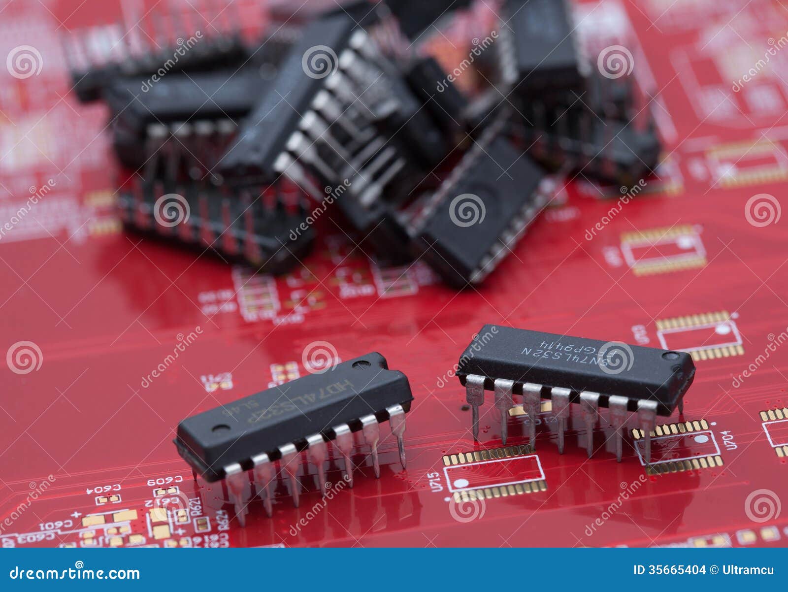 IC on red PCB stock photo. Image of piece, industry, electronic - 35665404