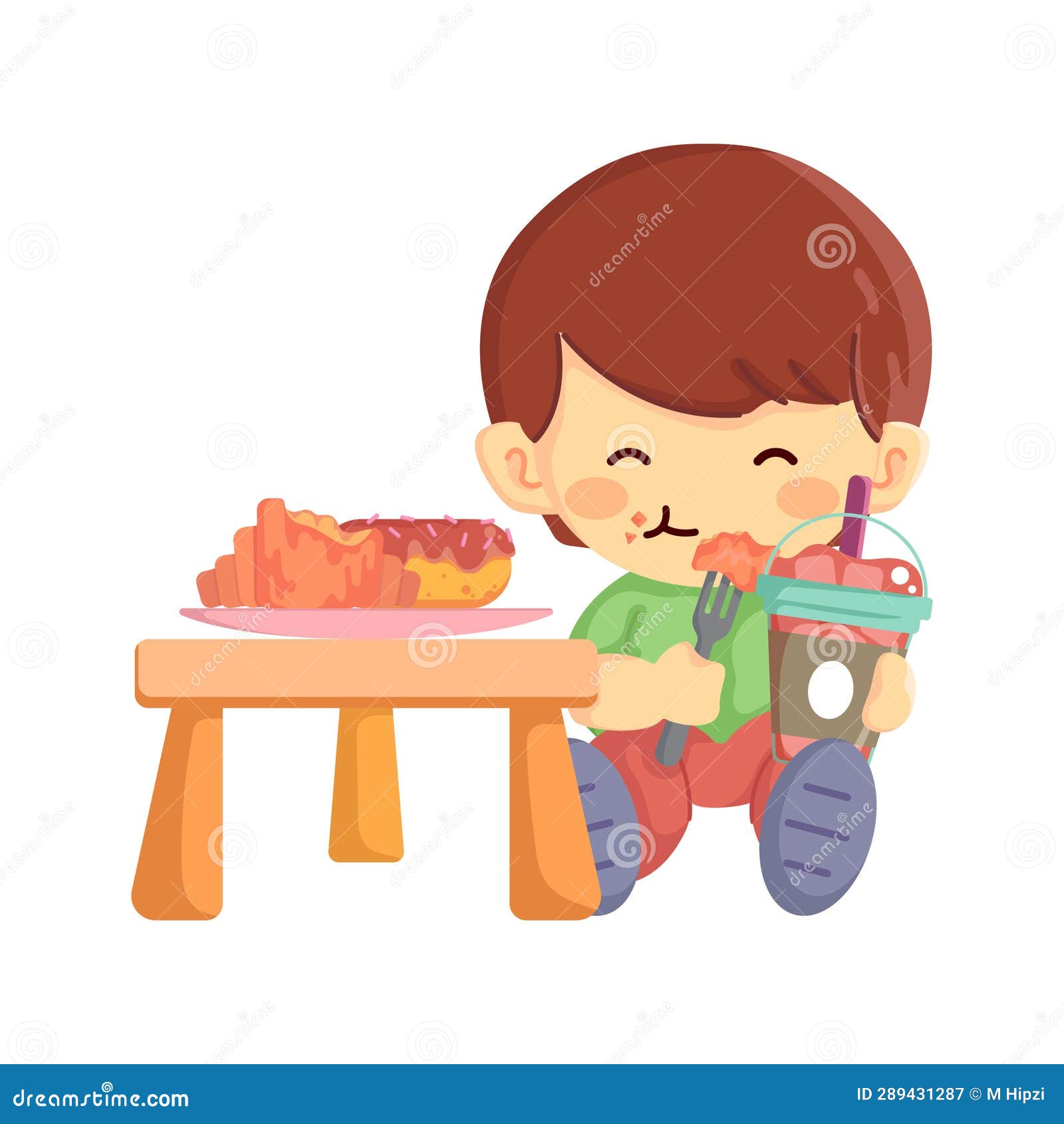 A Cute Little Boy Enjoying a Pastry or Snack with His Coffee Stock ...