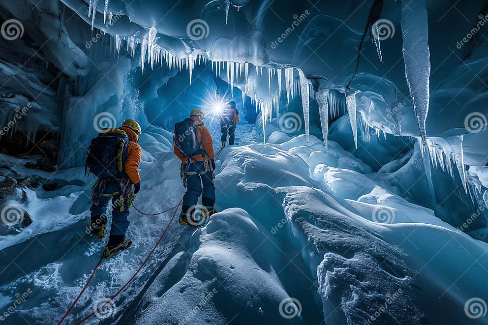 Ice Cave Explorers on an Adventurous Expedition Stock Illustration ...