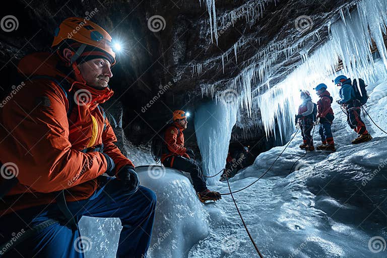 Ice Cave Explorers on an Adventurous Expedition Stock Illustration ...