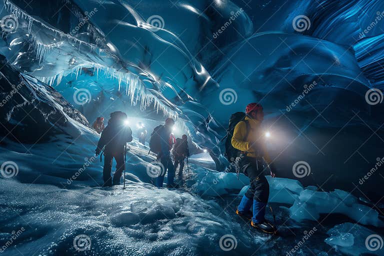 Ice Cave Explorers on an Adventurous Expedition Stock Illustration ...