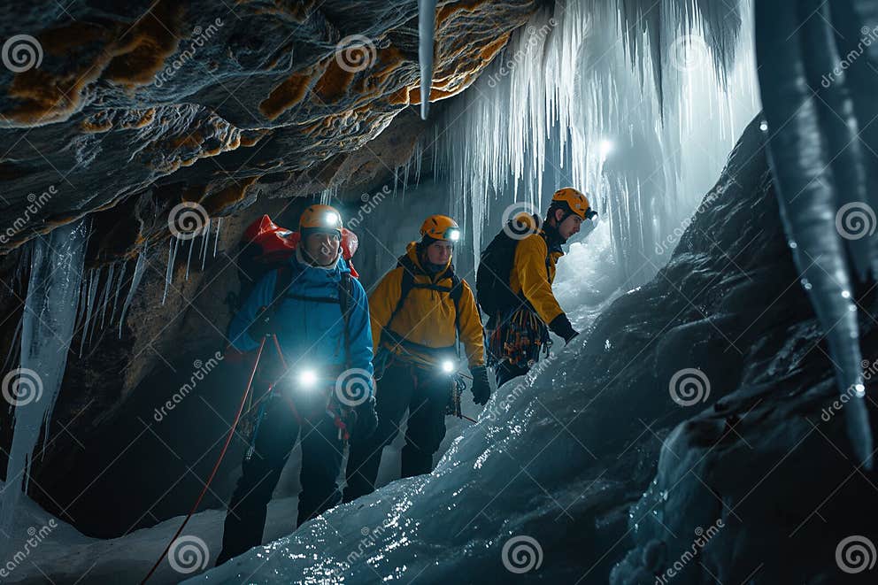 Ice Cave Explorers on an Adventurous Expedition Stock Illustration ...