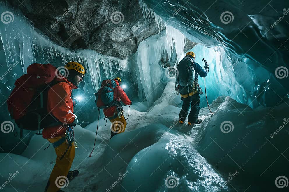 Ice Cave Explorers on an Adventurous Expedition Stock Illustration ...