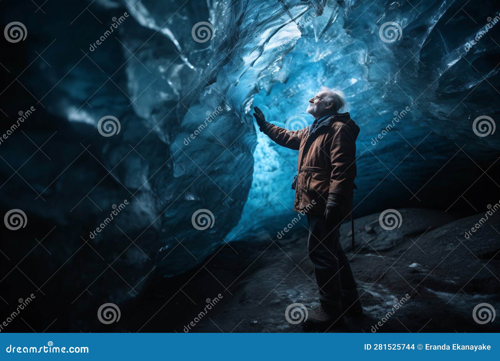 Ice Cave Landscape with a Man Standing in the Ice Cave. AI Generated ...