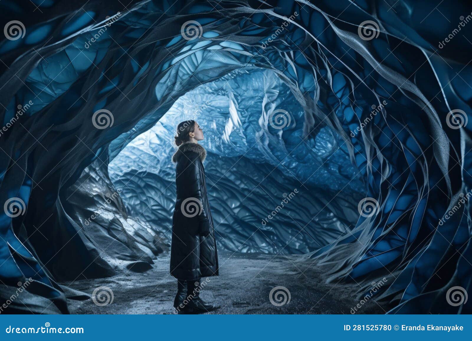 Ice Cave Landscape with a Man Standing in the Ice Cave. AI Generated ...