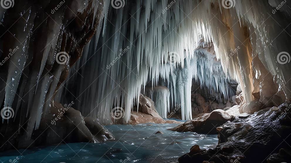 Ice Cave with Stalactites and Stalagmites in it Stock Illustration ...
