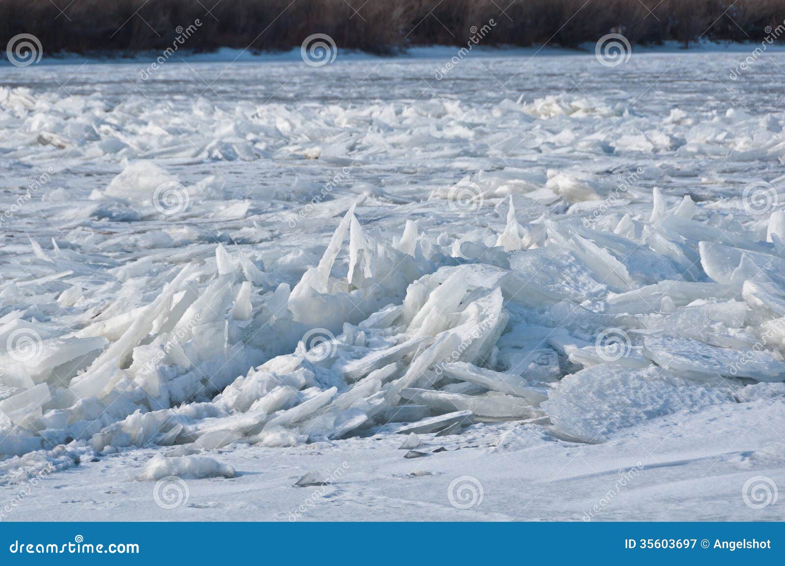 Ice Chunks Piled Up on the River Stock Image - Image of exposure ...