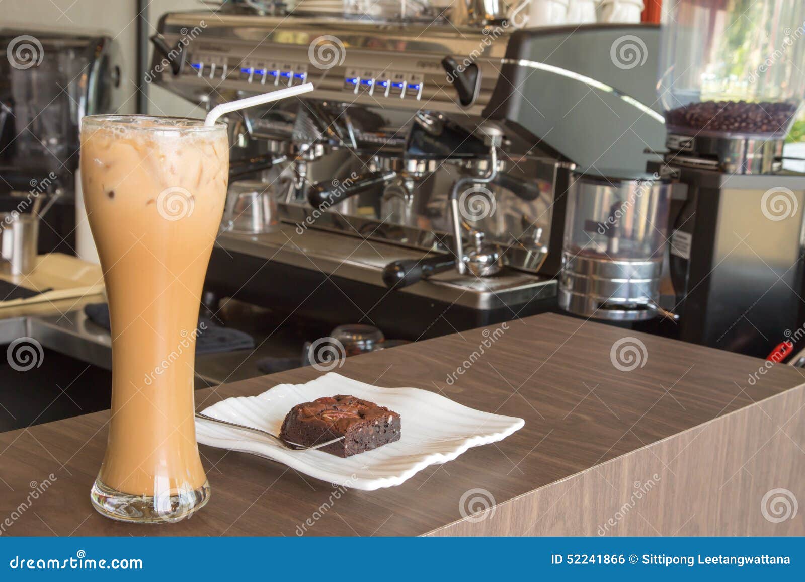 Ice Coffee and Brownie on Wood Table in Cafe Stock Photo - Image of ...