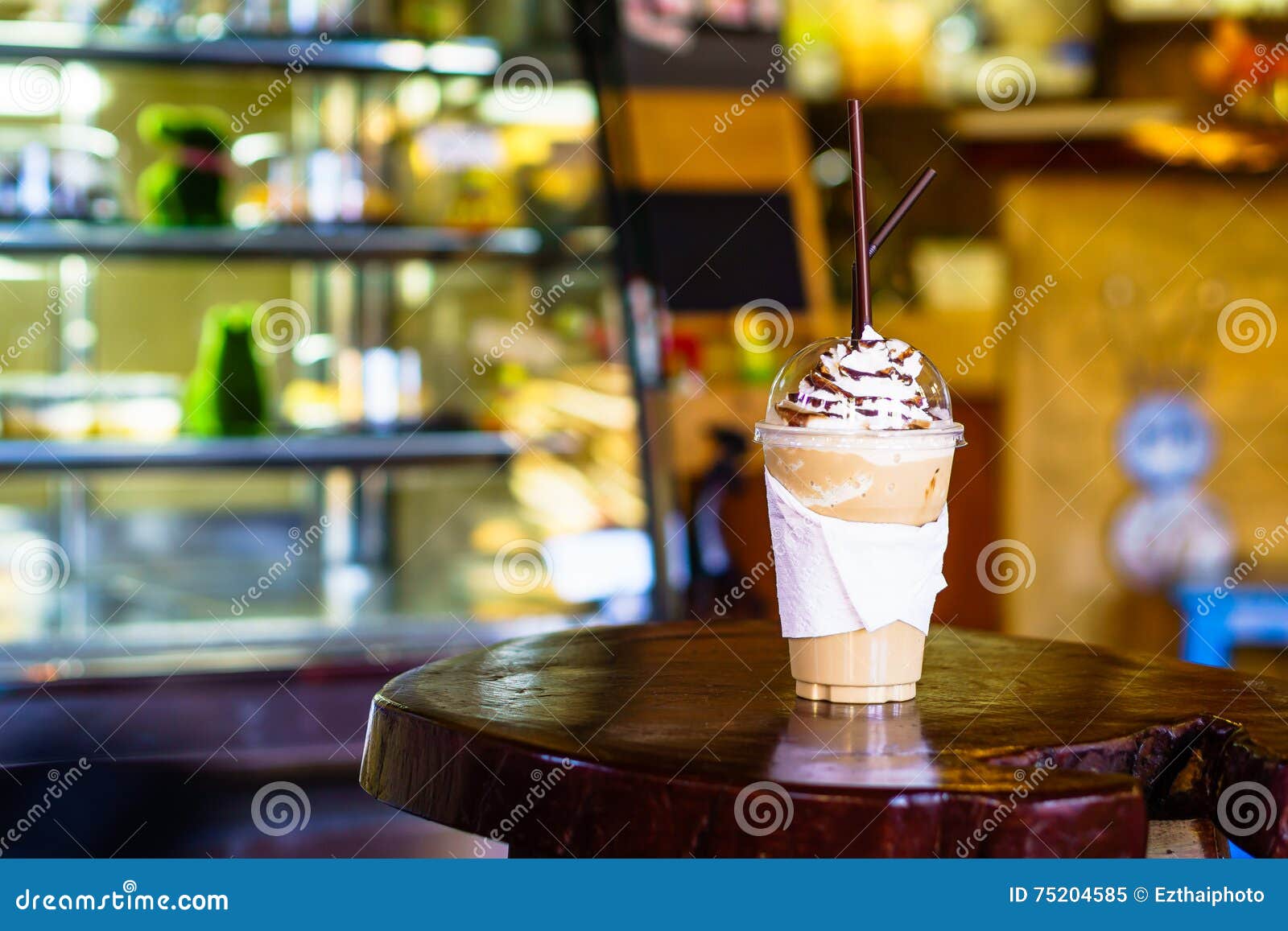Ice Coffee Frappe on Table, Plastic Cup of Coffee in Cafe Stock Image ...