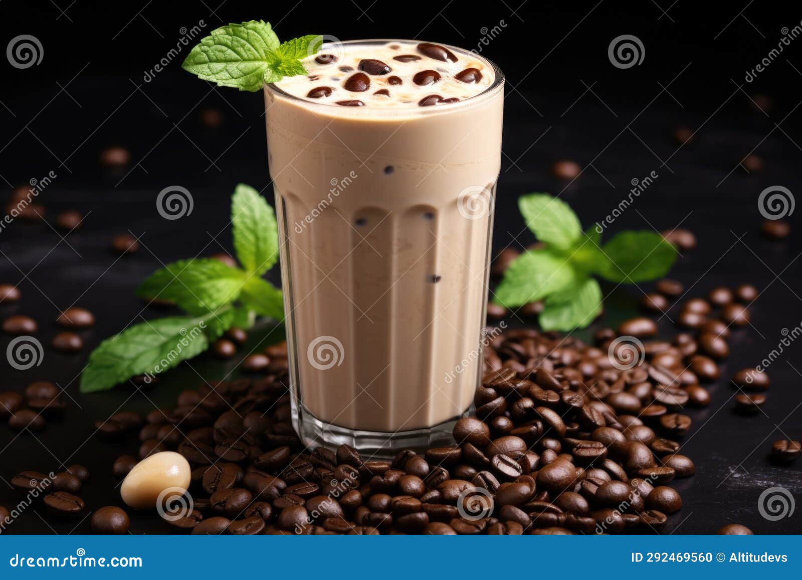 Ice Cold Coffee Shake with Coffee Beans and Mint Leaves Stock ...