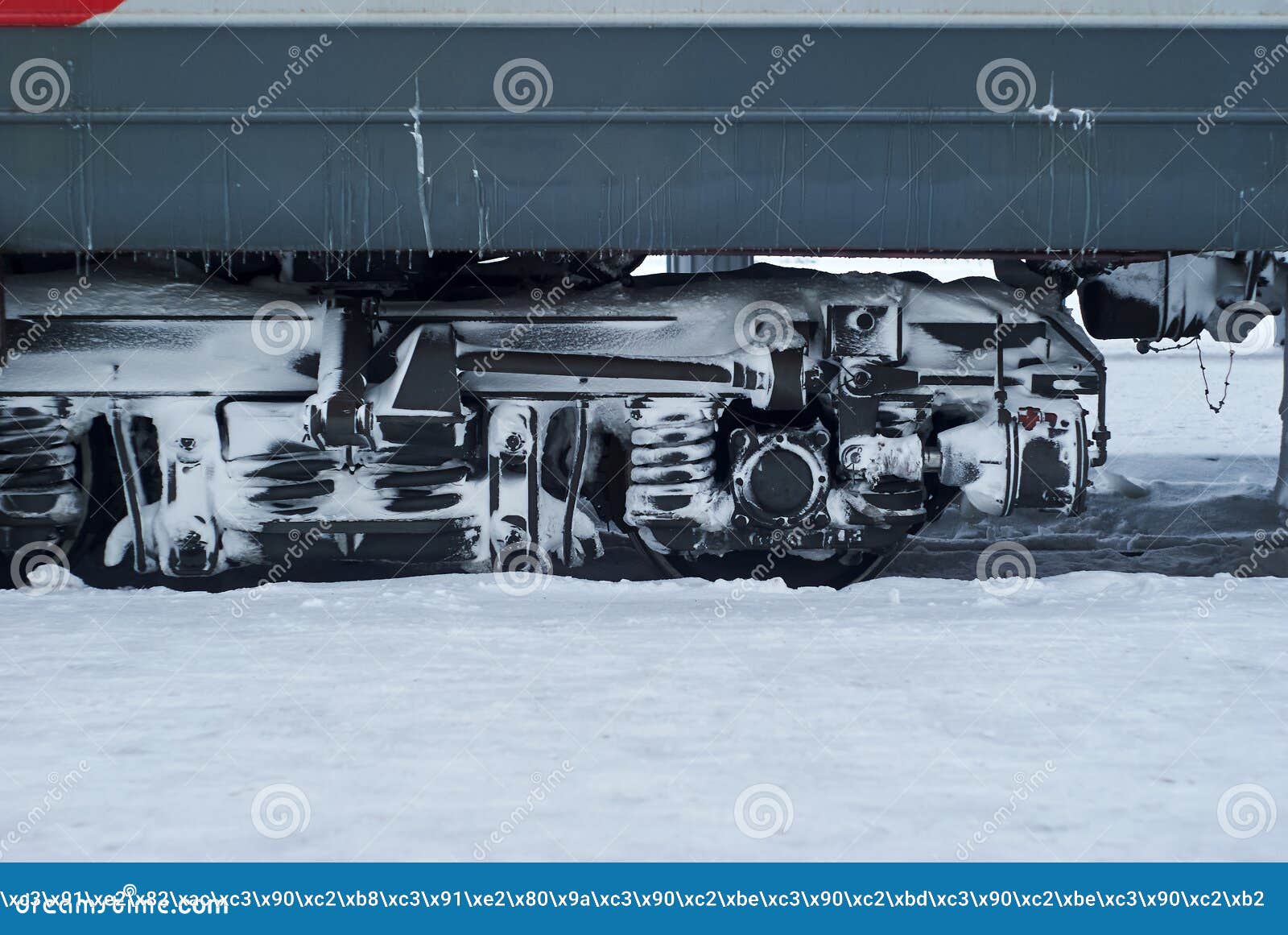 Ice Covered Bogie of a Railway Passenger Carriage on Rails in Winter ...