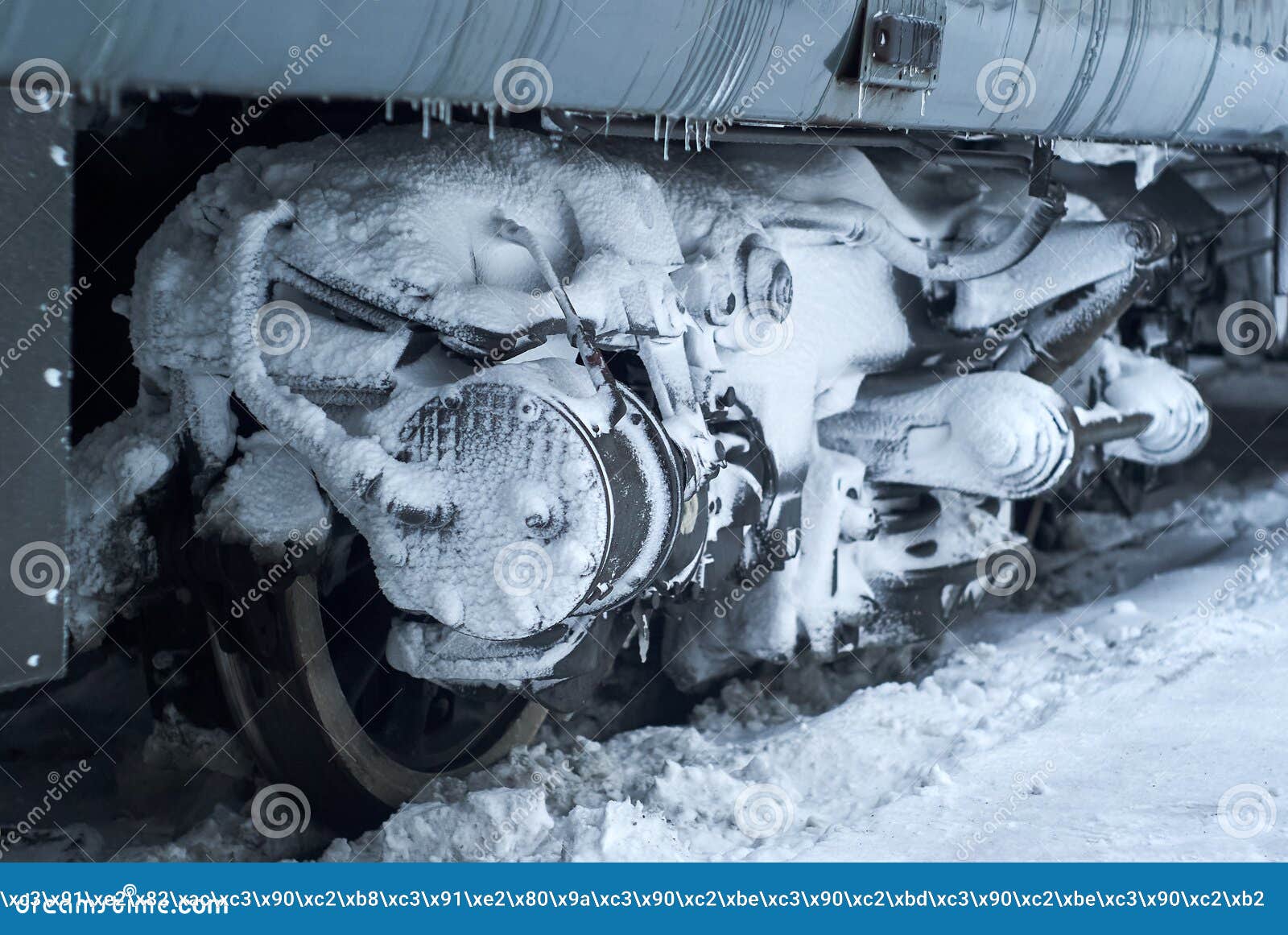 Ice Covered Bogie of a Railway Passenger Carriage on Rails in Winter ...