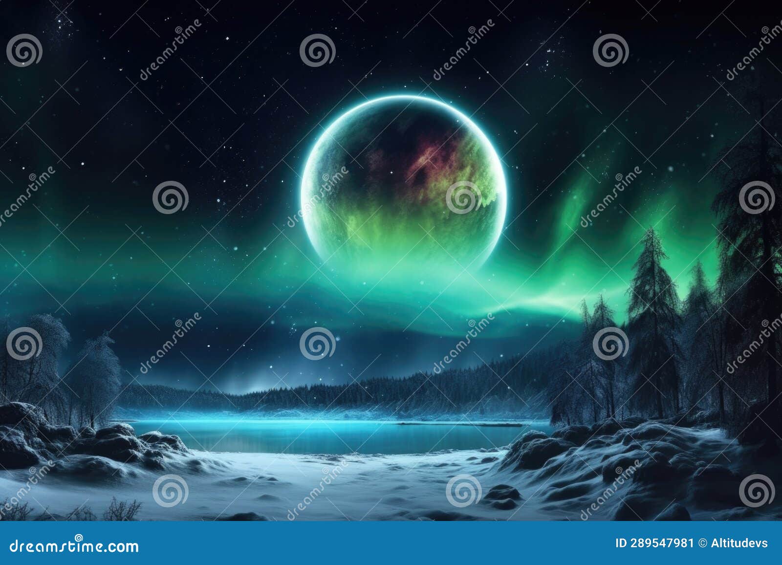 Ice-covered Exoplanet with Auroras through Telescope Observation Stock ...